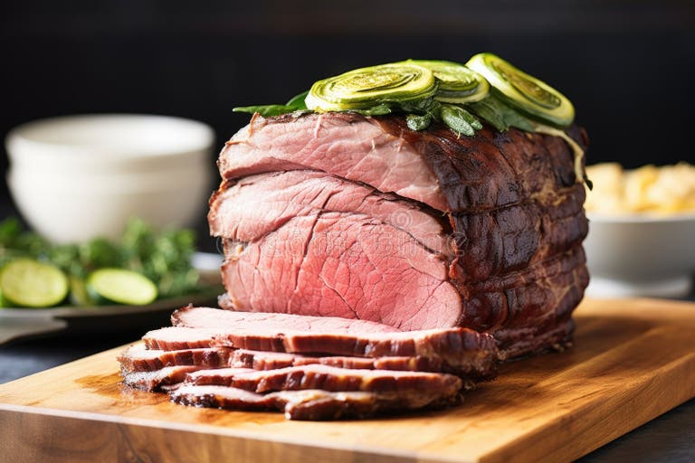 Low Angle View of Stacked Roast Beef Sandwich with Cucumbers Stock ...