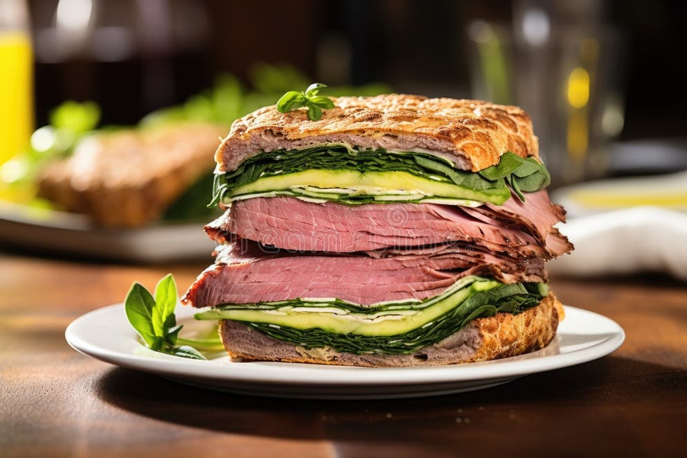 Low Angle View of Stacked Roast Beef Sandwich with Cucumbers Stock ...