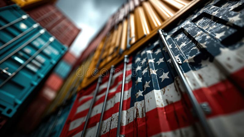 Stacked Shipping Containers with Weathered American Flag Stock ...