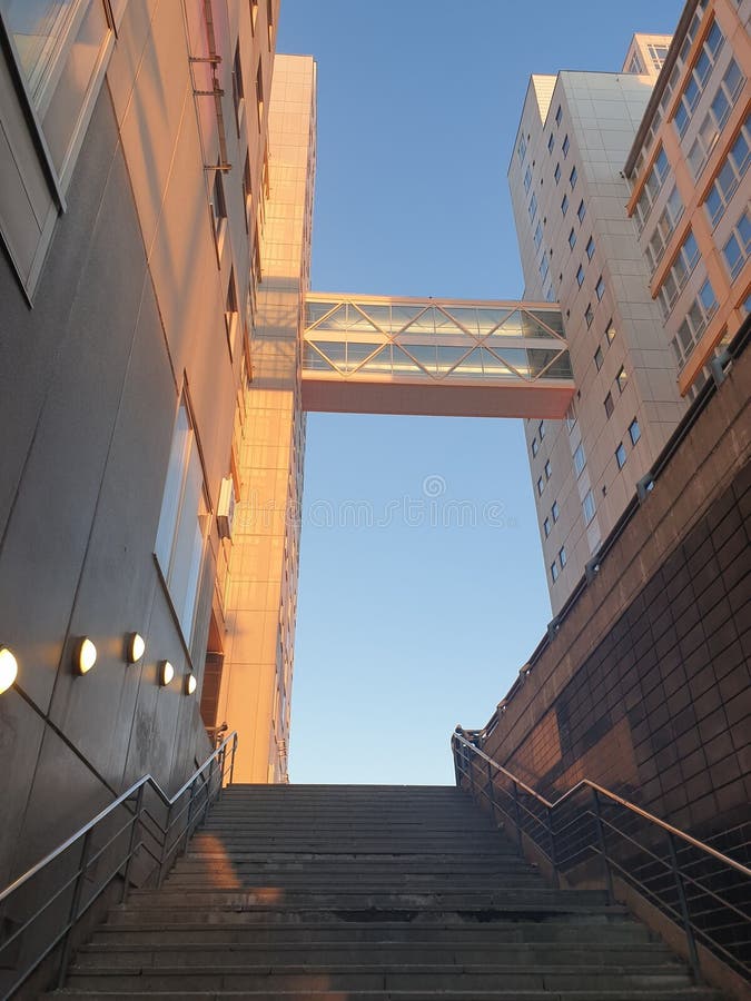 Low-angle View of Stairs between Two Modern Buildings. Stock Photo ...