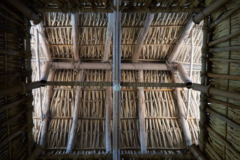 Low Angle View of a Thatch Ceiling and a Chain-link Fence Under it ...