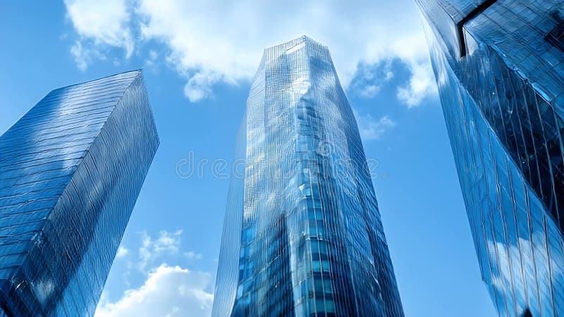Low Angle View of Three Skyscrapers Reflecting Blue Sky and Clouds in ...