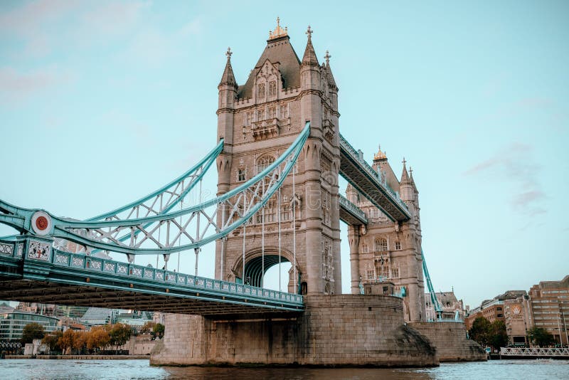 Low Angle View of Tower Bridge with Clear Blue Sky on Background Stock ...
