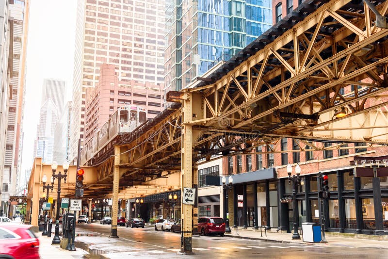 Elevated Train on a Tacks Running Over a Street in Chicago Loop ...
