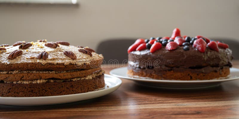 Low Angle View of Two Delicious Whole Vegan Cakes Stock Photo - Image ...