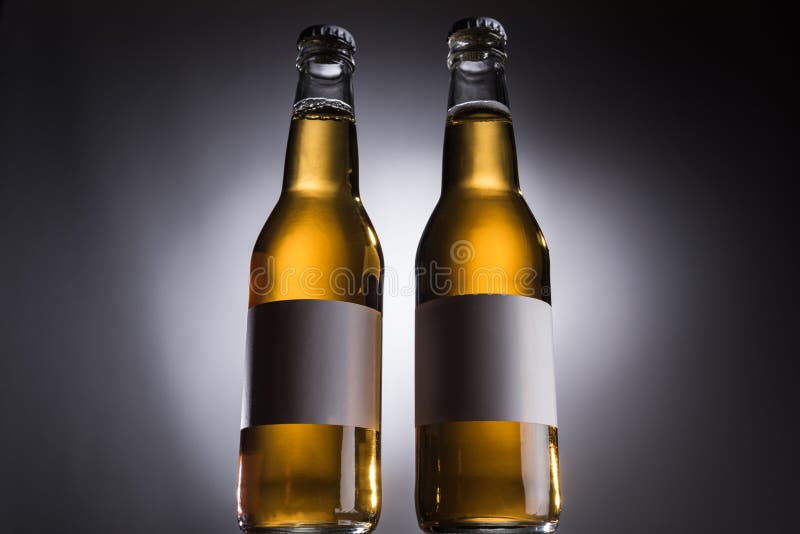 Low Angle View of Two Glass Bottles with Beer and Blank Labels in Row ...