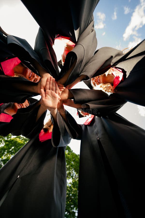 Low Angle View Vertical Portrait of Group Students Pile Stack Handshake ...