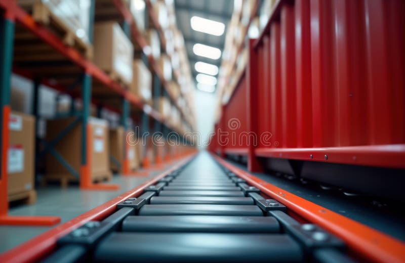Low Angle View of Warehouse Conveyor Belt. Automated System Moves Cargo ...