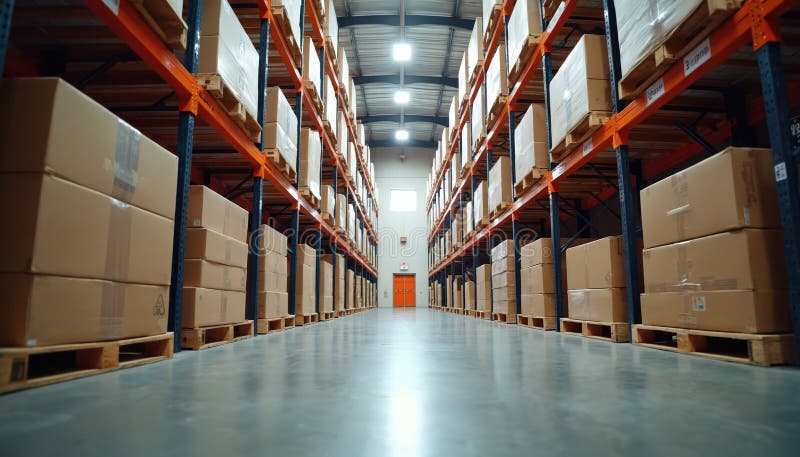 Low Angle View of Warehouse Interior. Boxes Packed on Pallets. Logistics, Storage, Distribution ...