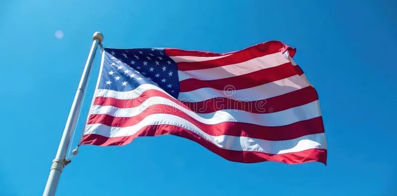 Low Angle View, Waving US Flag, Vibrant Blue Sky , Vertical, Design ...