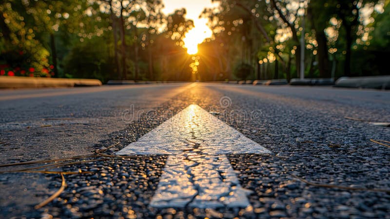 Low Angle View of a White Arrow on Asphalt Road at Sunset Signifying ...