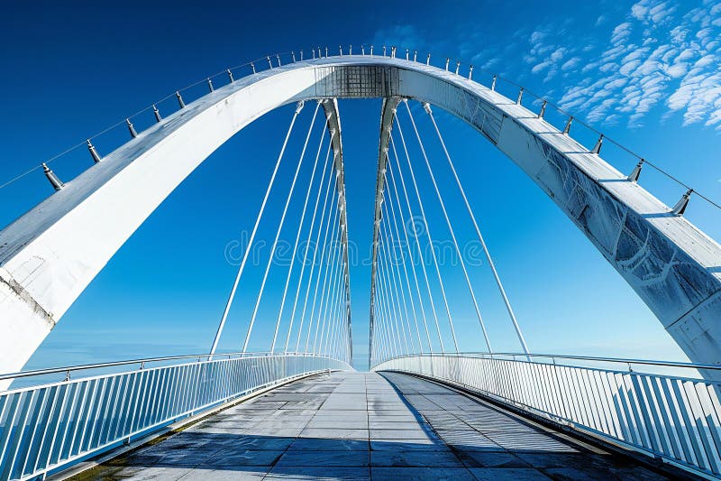 Low Angle View of White Bridge, Blue Sky, White Cables, Architecture ...