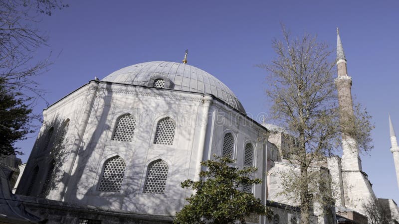 Low Angle View of a White Mosque with Minarets. Action. Concept of ...