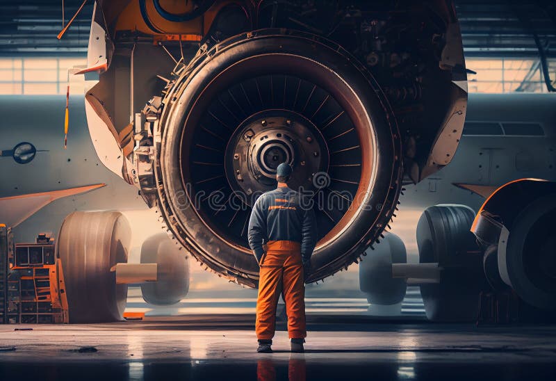 Low-angle Wide Shot of Engineers Assembling an Engine of a Passenger ...