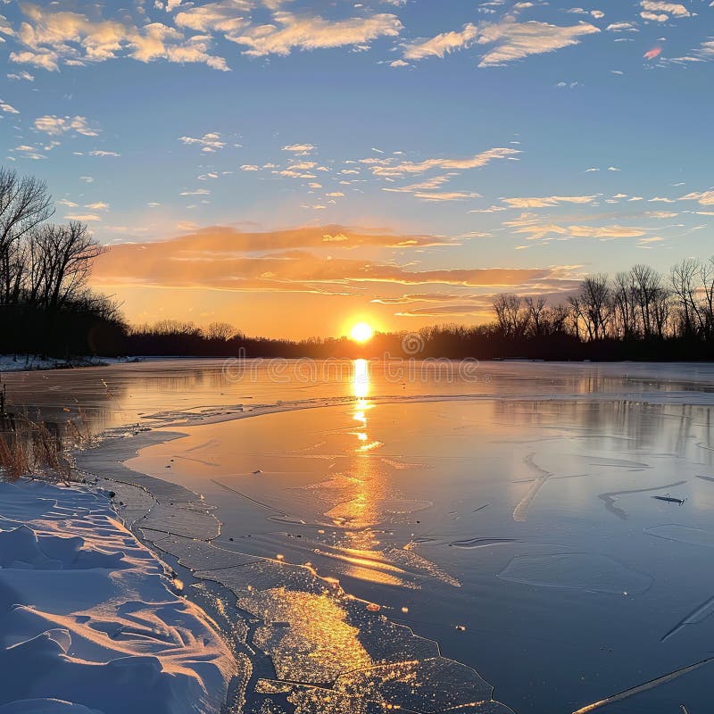 Low Angle of a Winter Solstice Sunrise Over a Frozen Lake Stock ...