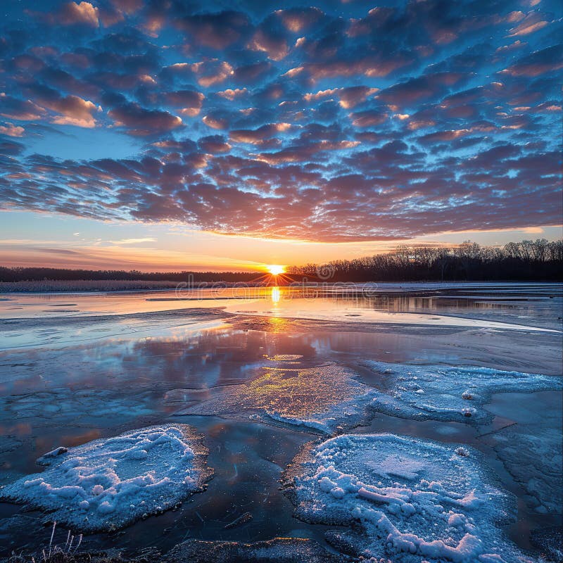 Low Angle of a Winter Solstice Sunrise Over a Frozen Lake Stock ...