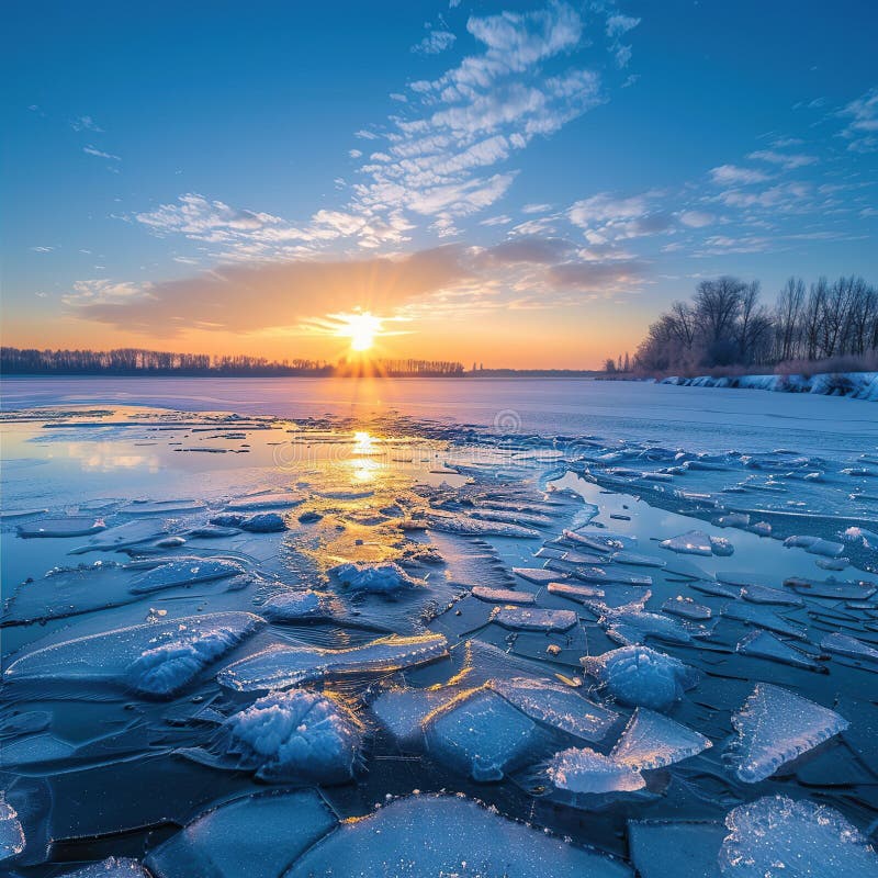 Low Angle of a Winter Solstice Sunrise Over a Frozen Lake Stock ...