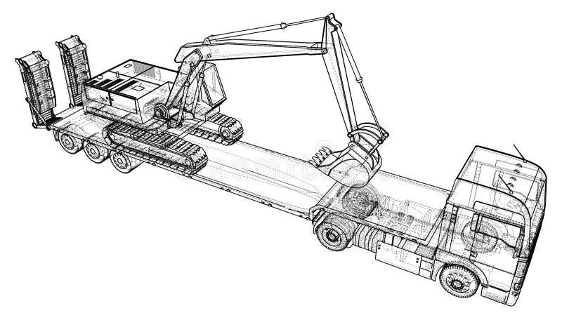 Low Bed Truck Trailer and Excavator. Wire-frame. EPS10 Format Stock ...