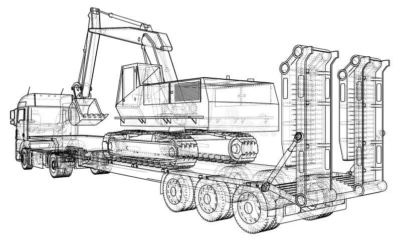 Low Bed Truck Trailer and Excavator. Wire-frame. EPS10 Format Stock ...