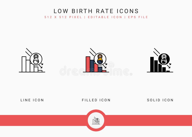 Low Birth Rate Icons Set Vector Illustration with Solid Icon Line Style. Loss Birth Rate ...