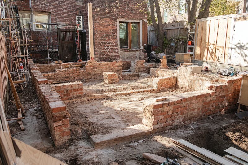 Low Brick Walls Forming the Foundation of a Building Under Construction ...