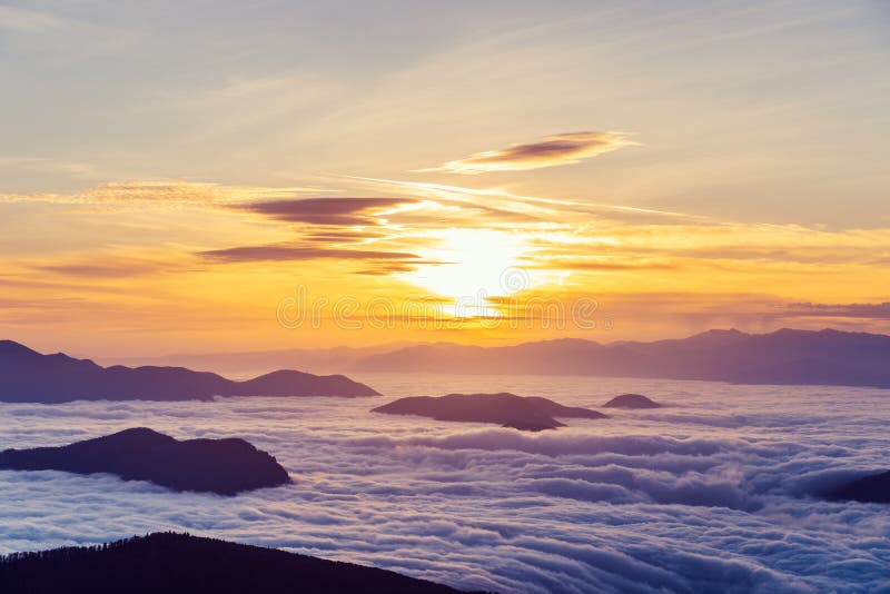 Low Clouds on Mountain Range Shining Sunset Morning Landscape Stock ...