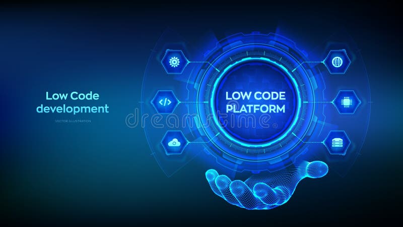 Low Code Platform And No Code Development Technology Concept In Wireframe Hand Lcdp And Ncdp