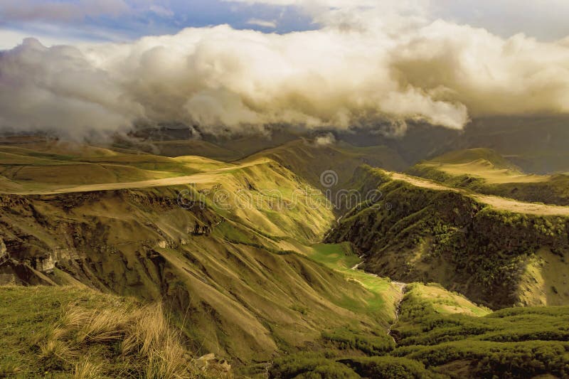 Low Cumulus Clouds Over a Mountain Gorge.North Caucasus Stock Photo ...