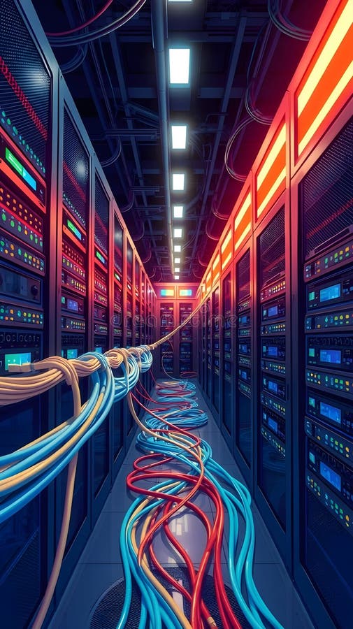 Low of Data through Servers and Network Cables Stock Illustration ...