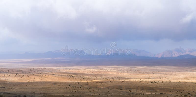 Low Dense Fog Falls on a Stone Desert in the South of Jordan Stock ...