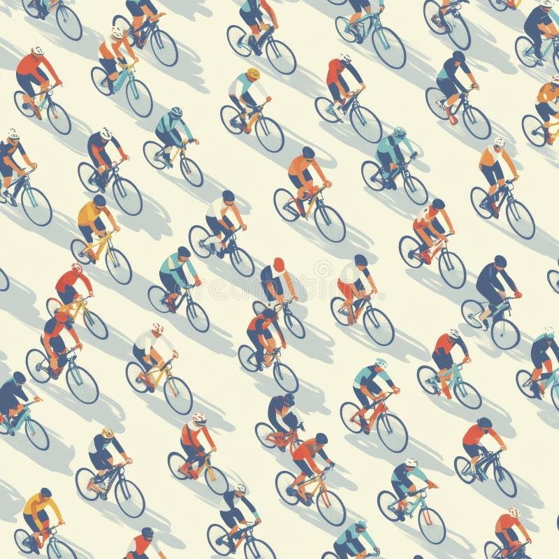 Low Detailed Isometric Illustration of Bikers Cycling, Seamless Pattern ...