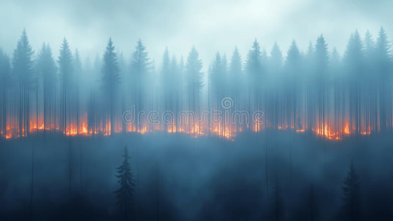 A Low Forest Fire Burns through Tall Trees Stock Illustration ...