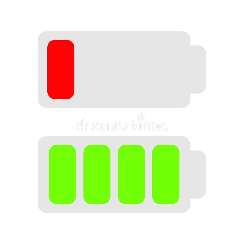 Low Full Battery Icon Set. Charge Indicator Green Red Color Scale. Flat ...