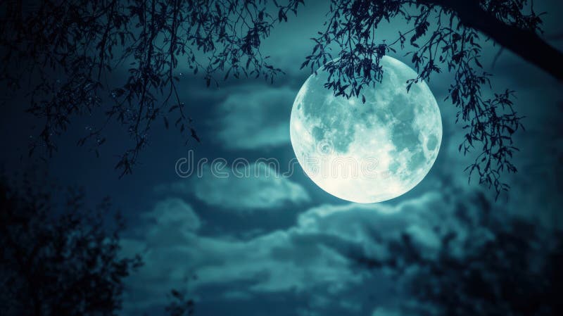 Low-hanging Full Moon Surrounded by Clouds and Silhouetted Tree Branches, Adding a Spooky ...