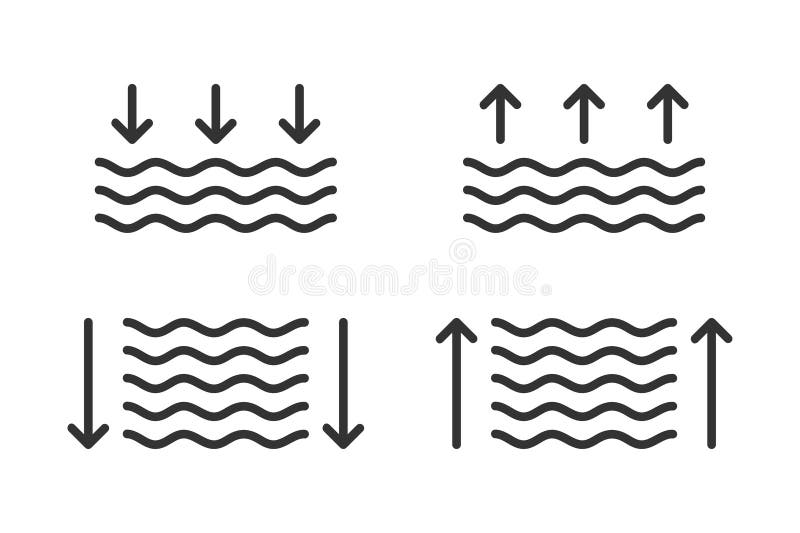 Low and High Tide Silhouette Line Icon Set. Linear Water Depth Icon ...