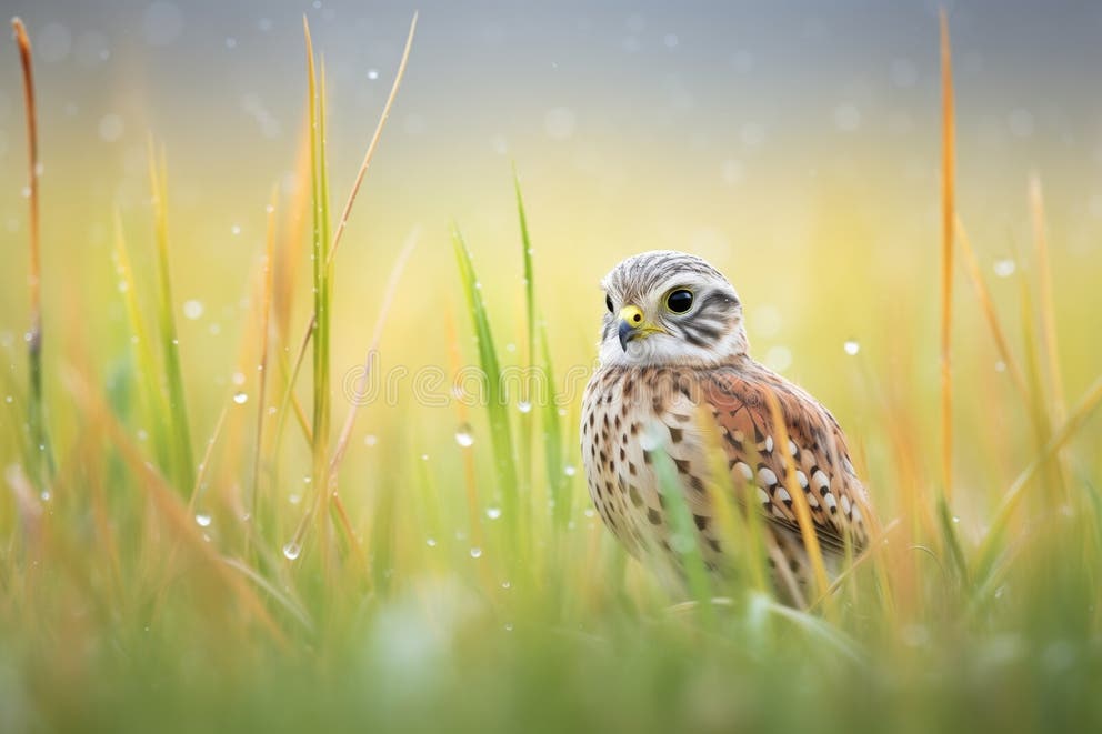 A Low-hovering Kestrel with Dew-covered Grass Beneath Stock Photo ...