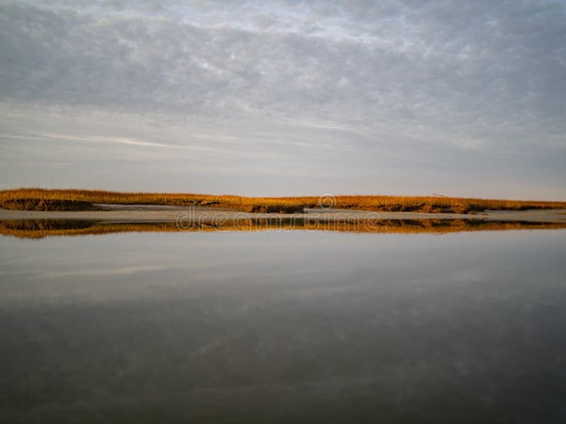 A Low Island Perfectly Reflected in the Water Stock Photo - Image of ...
