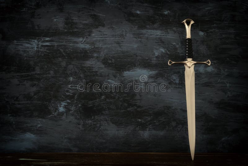 Low Key Banner of Silver Sword. Fantasy Medieval Period. Stock Photo ...