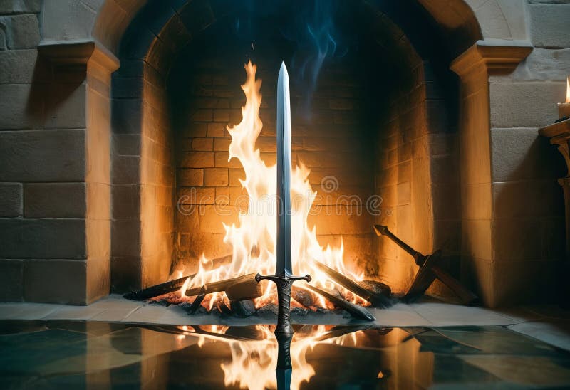 Low Key Image of Silver Sword in the Flames of Fire. Fantasy Medieval ...