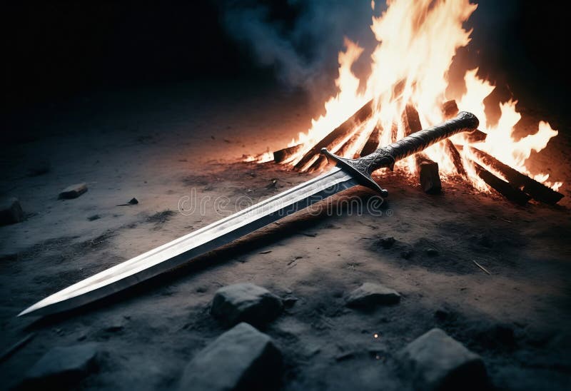 Low Key Image of Silver Sword in the Flames of Fire. Fantasy Medieval ...