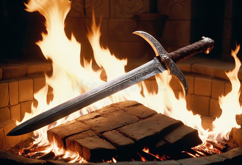 Low Key Image of Silver Sword in the Flames of Fire. Fantasy Medieval ...
