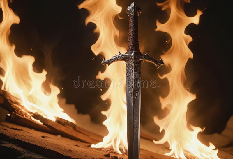 Low Key Image of Silver Sword in the Flames of Fire. Fantasy Medieval ...