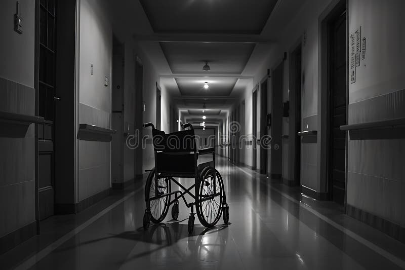 Low Key Images of an Empty Wheelchair in a Desolate Hallway, Sickness ...