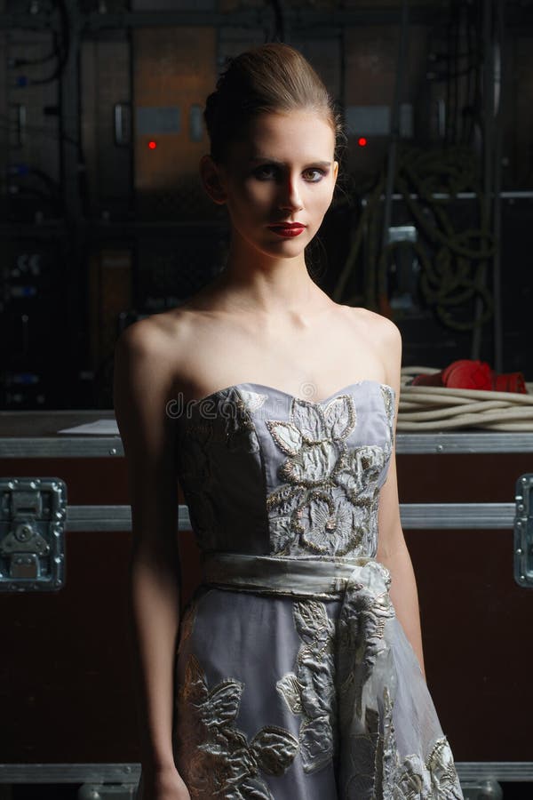 Portrait of Beautiful Model in Lace Fitted Dress Posing Stock Photo ...