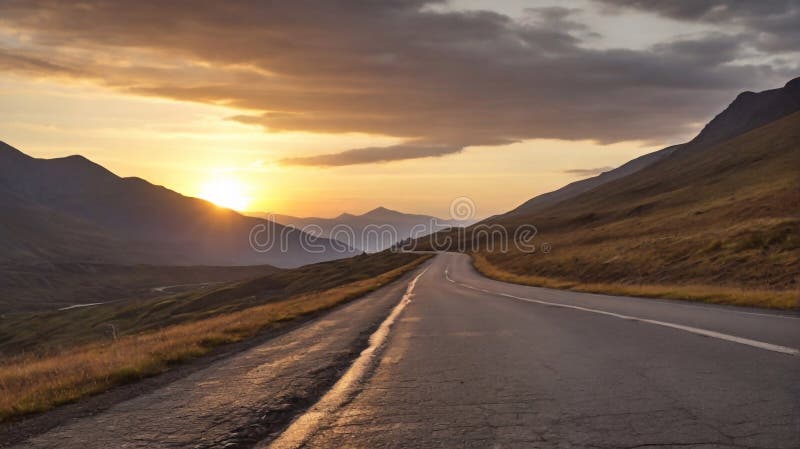 Low Level View of Empty Old Paved Road in Mountain Area at Sunset Stock ...