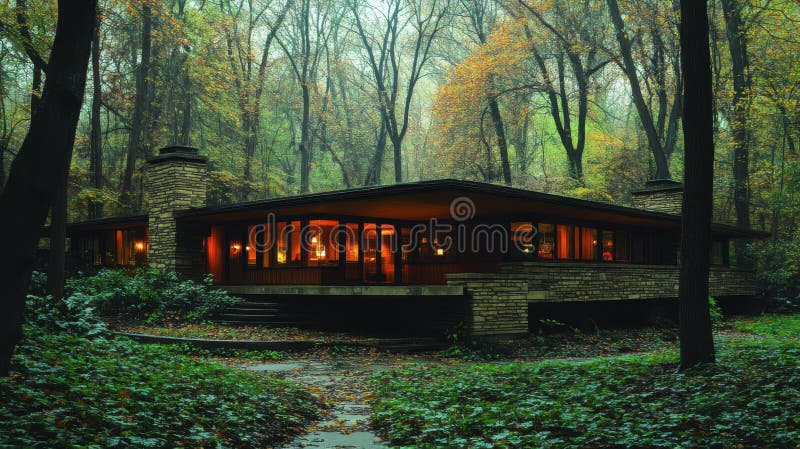 Low Light Photography of Modern Stone House in Autumn Forest Stock ...