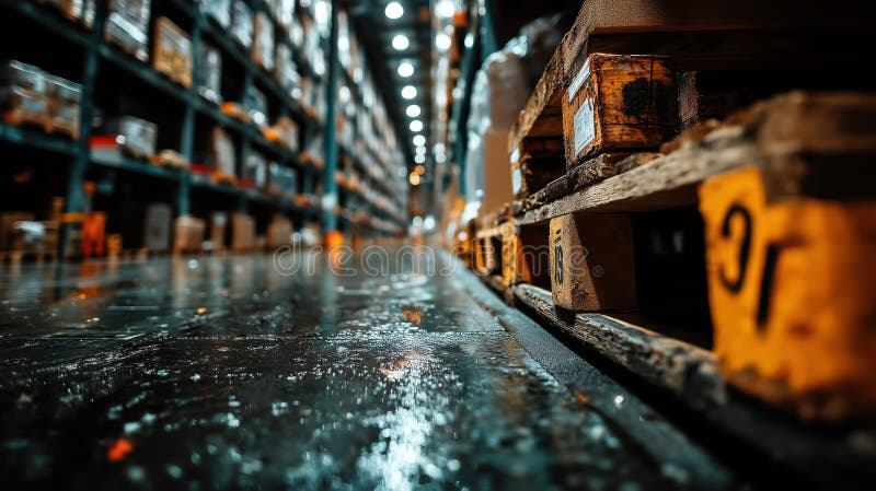 Low Light Warehouse Interior with Stacked Pallets Stock Image - Image ...