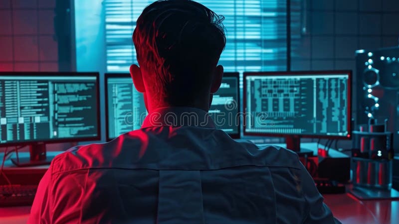 Professional Coder Working Intensely in a Dimly Lit Room Surrounded by Multiple Screens with ...