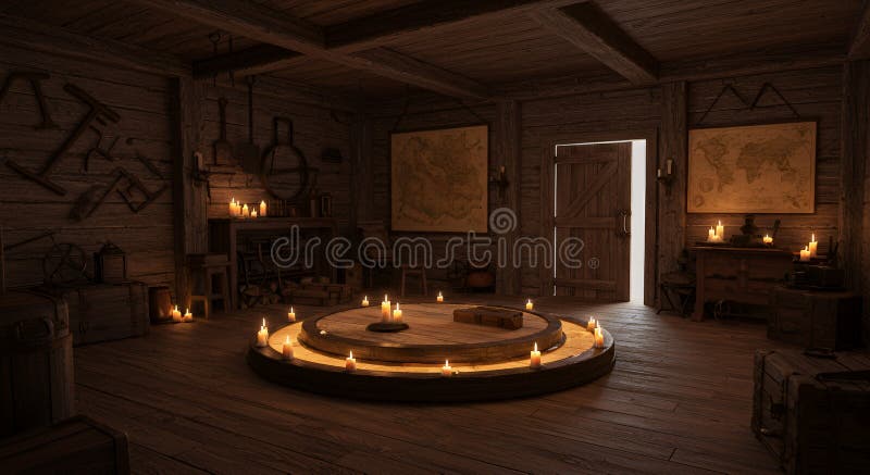 Rustic Stone Room with Circular Candlelit Platform and Open Doorway ...
