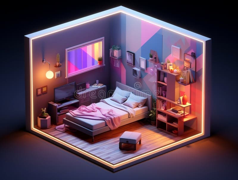 Low Poly Aesthetic Bedroom with Lighting Stock Illustration ...